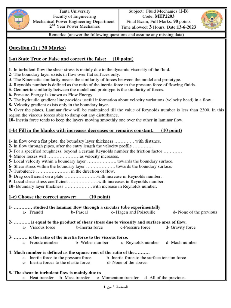 Fluid Mechanics Exam Guide | PDF | Boundary Layer | Reynolds Number