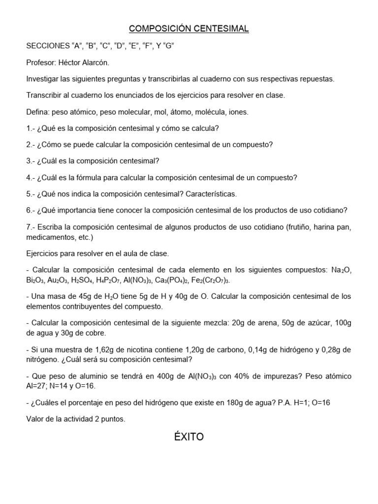 Composición Centesimal: Definición y Ejercicios | PDF