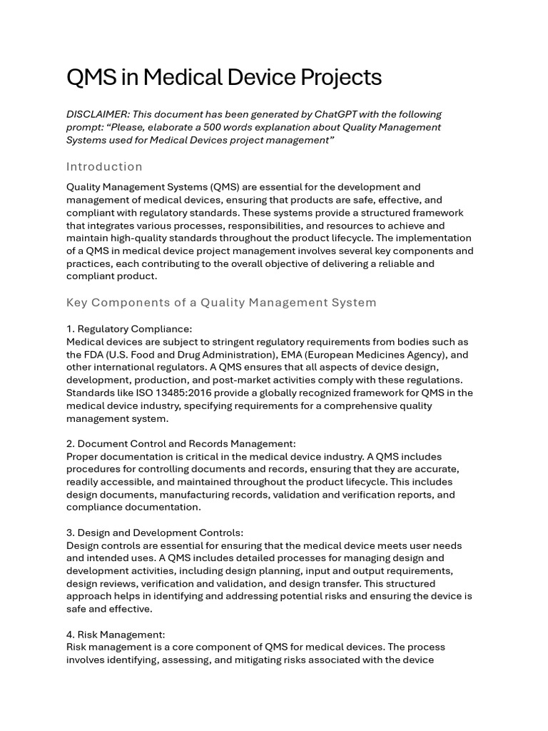 QMS in Medical Device Projects | Download Free PDF | Quality Management ...