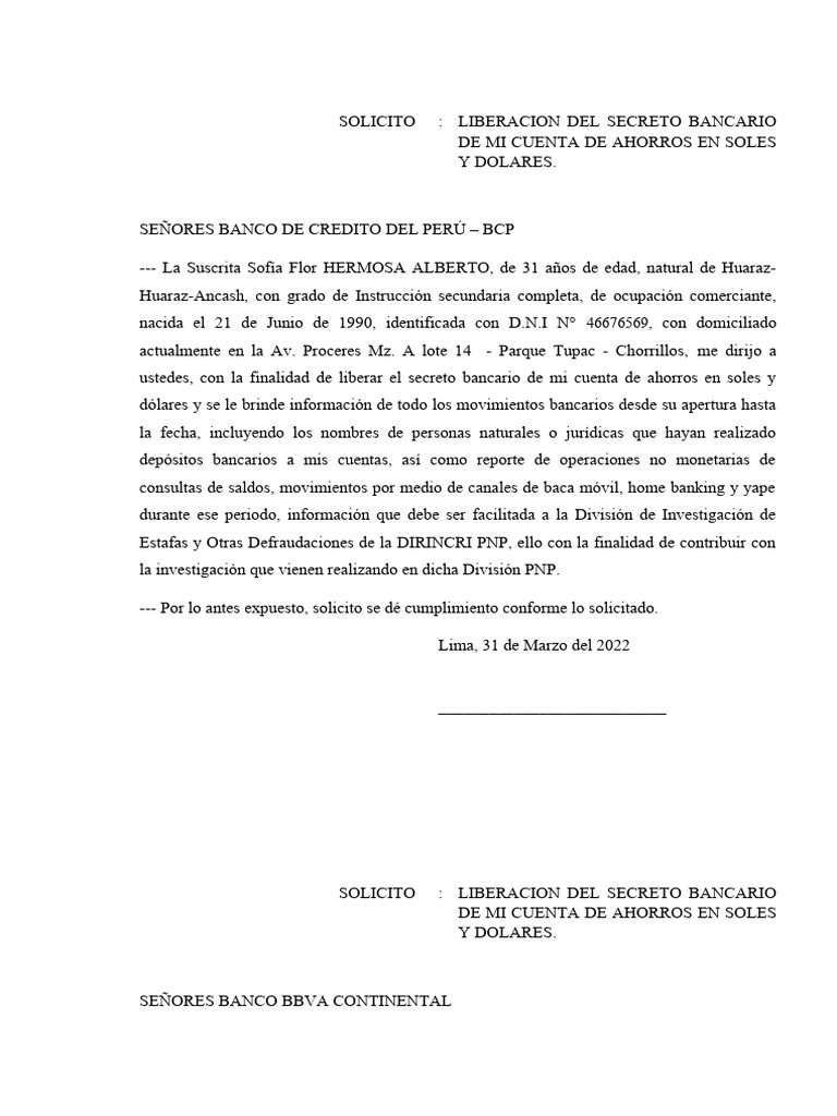 Carta de Liberacion Del Secreto Bancario y de Las Comunicaciones 1 | PDF | Bancos | Secreto bancario
