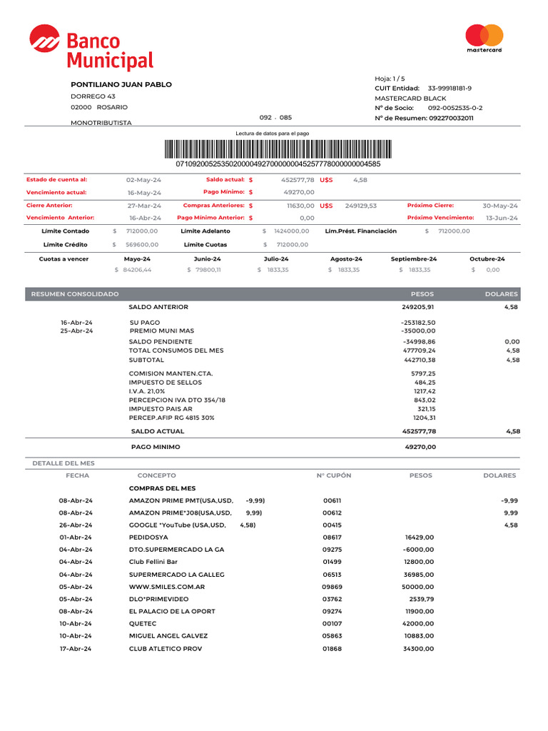 Resumen MC Mayo 2024 | PDF | Tarjeta de crédito | Tarjeta de débito