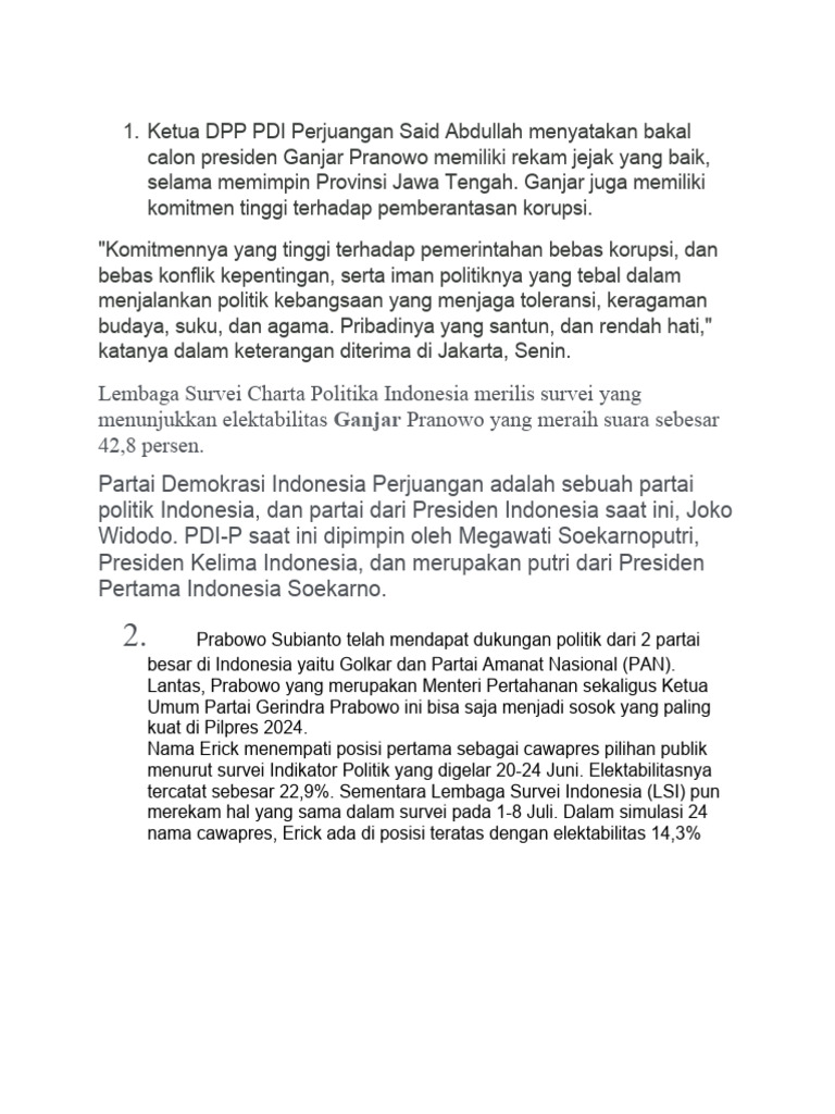 Elektabilitas Capres 2024: Ganjar Unggul | PDF