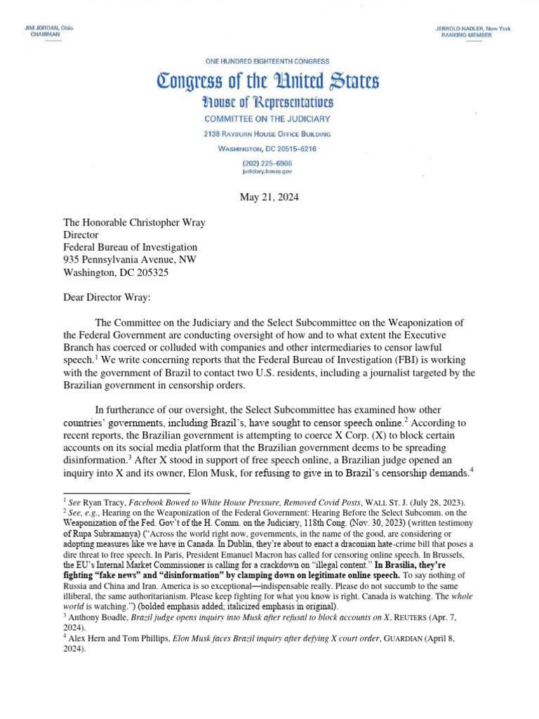 Jordan Letter To Wray | PDF | Censorship | Government