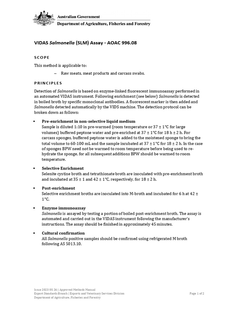 Salmonella VIDAS Salmonella SLM AOAC 996.08 | PDF | Elisa | Biotechnology
