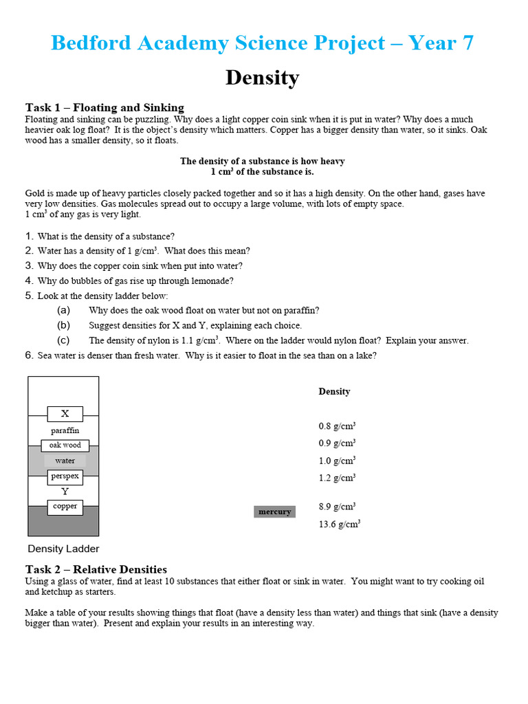 Yr7 Chemistry Density | PDF | Density | Gases