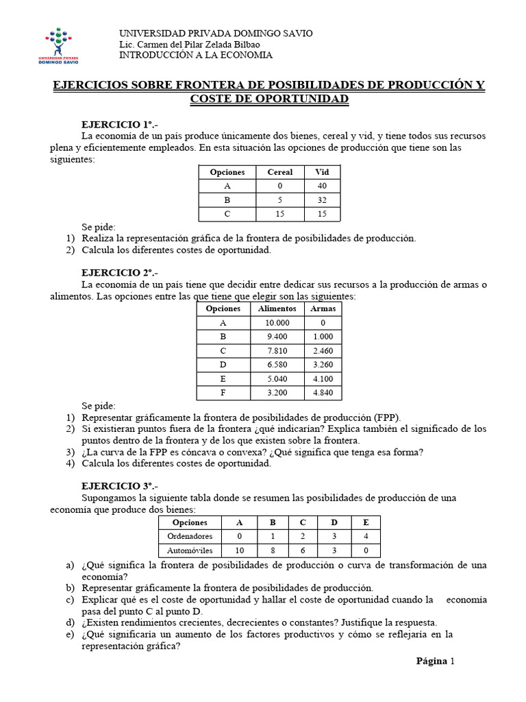 Ejercicios de Frontera de Posibilidades de Producción | PDF | Costo de oportunidad | Economias