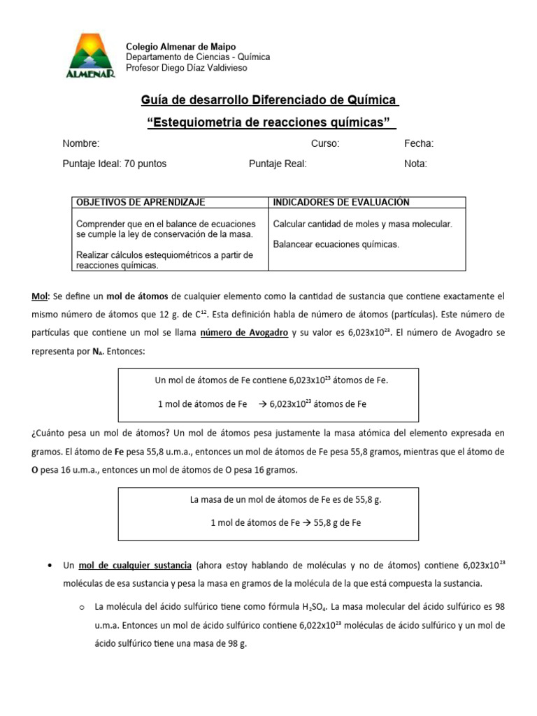 Guía de Desarrollo Diferenciado Química - Estequiometría | PDF | Mole ...