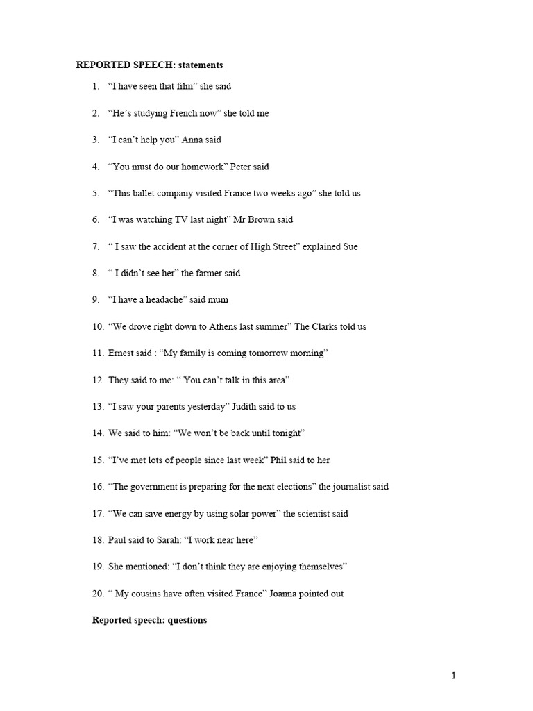 Reported Speech Statements Questions Commands and Suggestions August ...