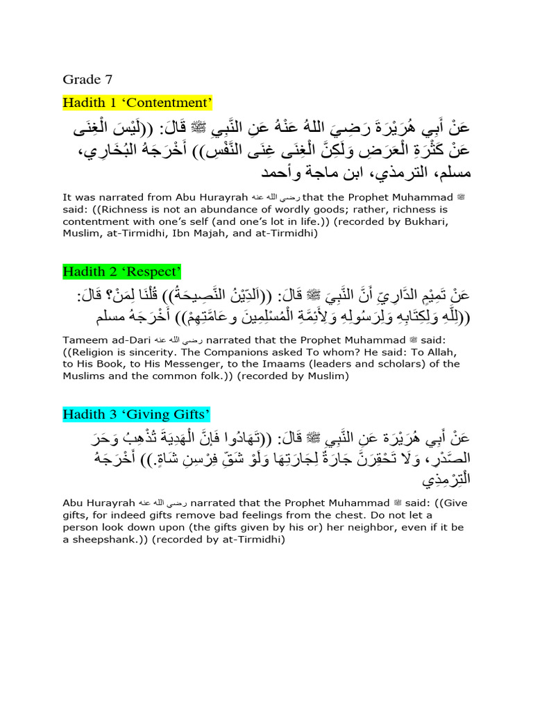 Grade 8 Hadith 1 | PDF
