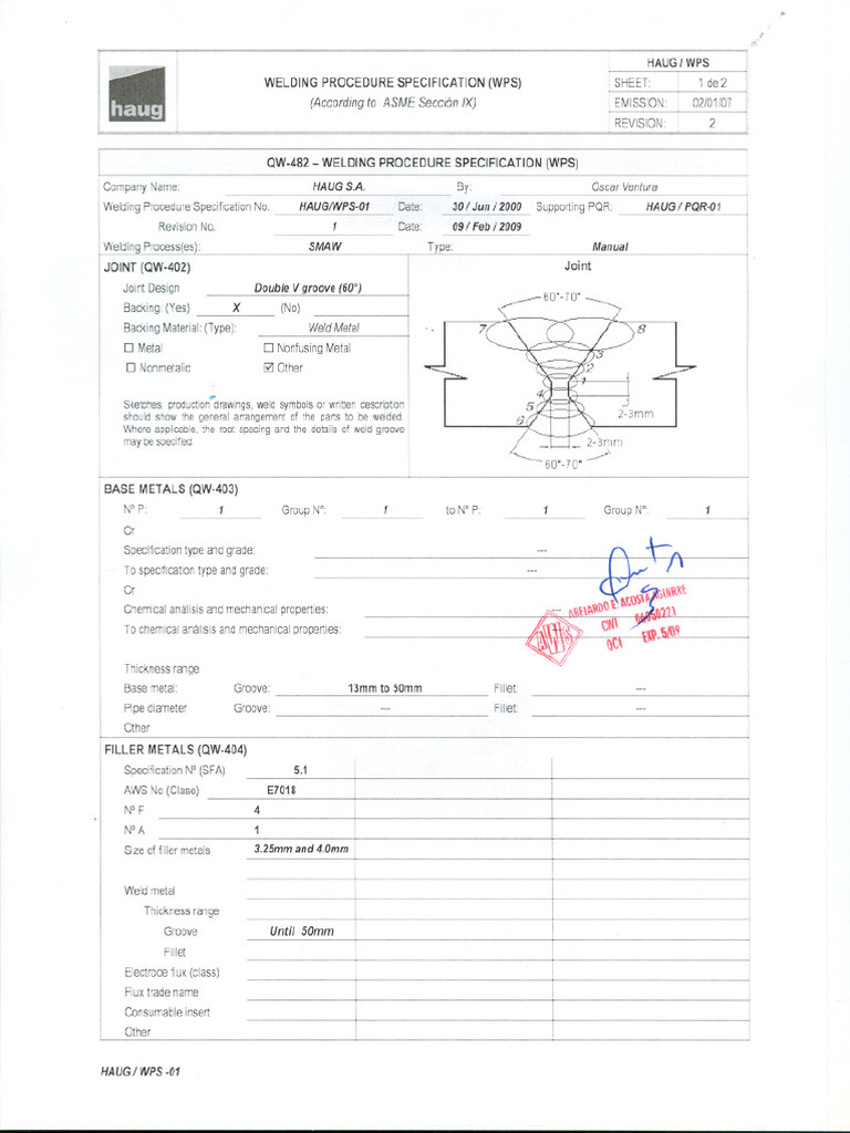 Wps 001 1 Wps Smaw Doble Ranura en V Asme | PDF