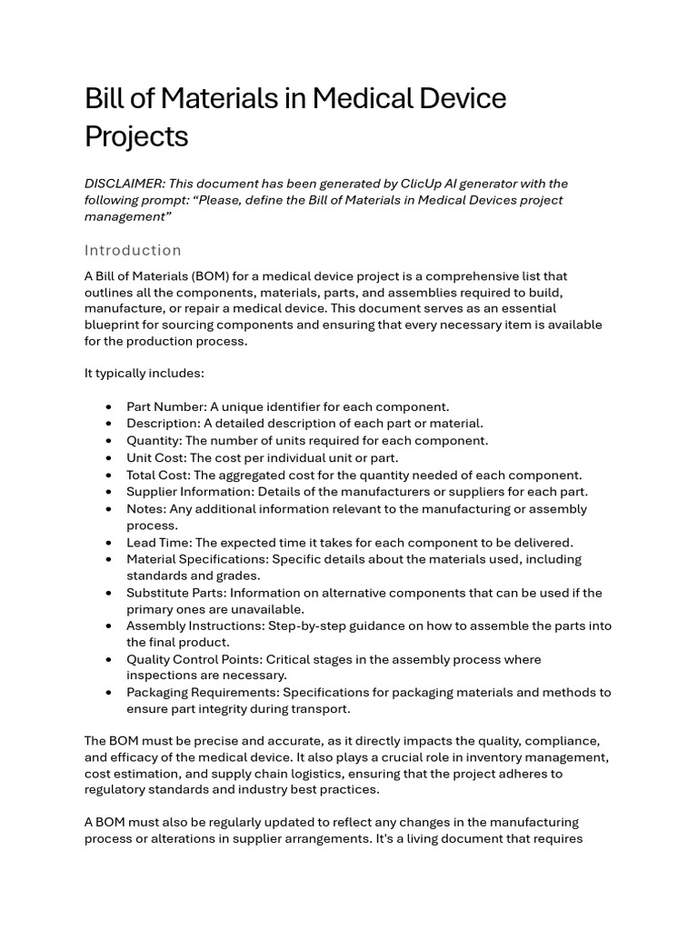 Bill of Materials in Medical Device Projects | PDF | Medical Device ...