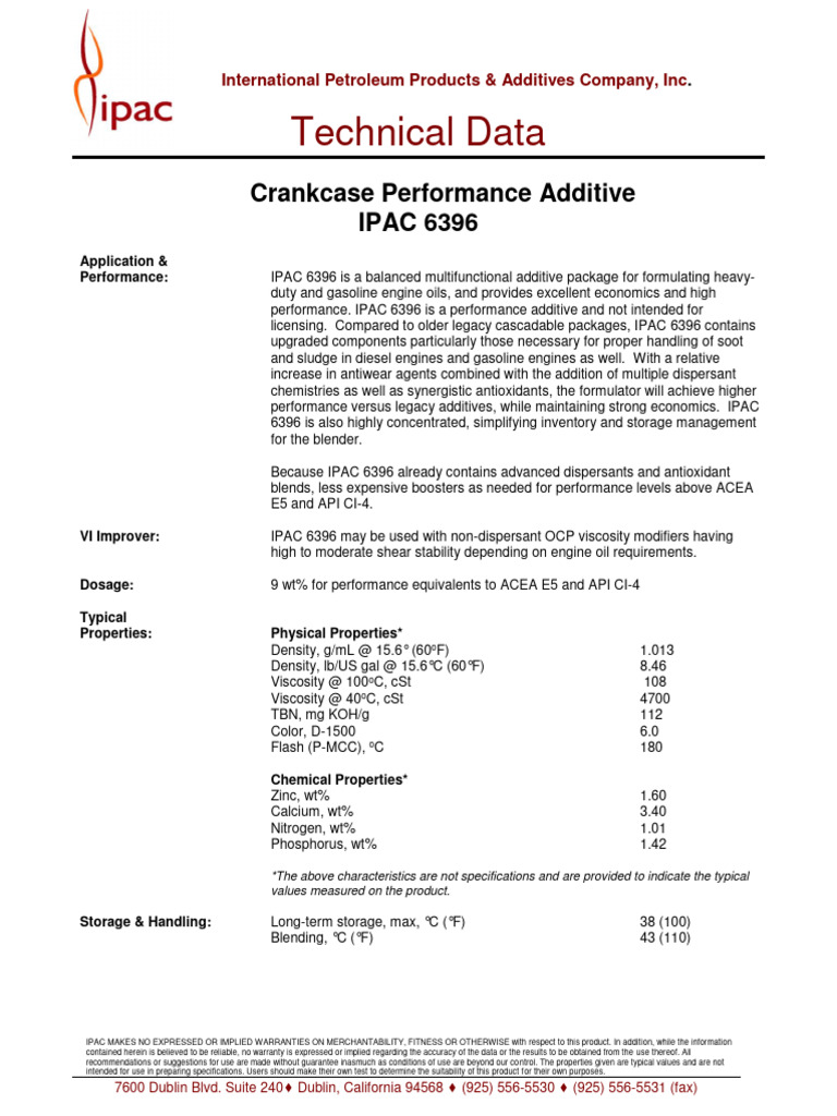 IPAC 6396 Crankcase Additive Overview | PDF | Motor Oil | Chemical ...