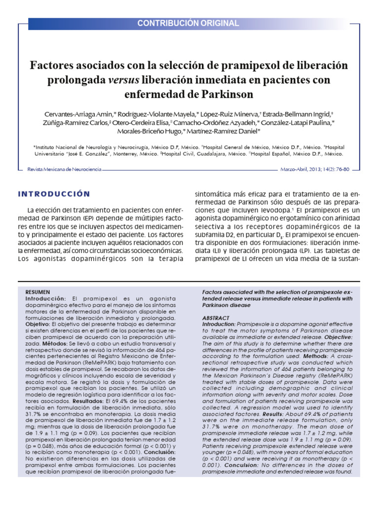 Factores Asociados Con La Selección de Pramipexol de Liberación ...