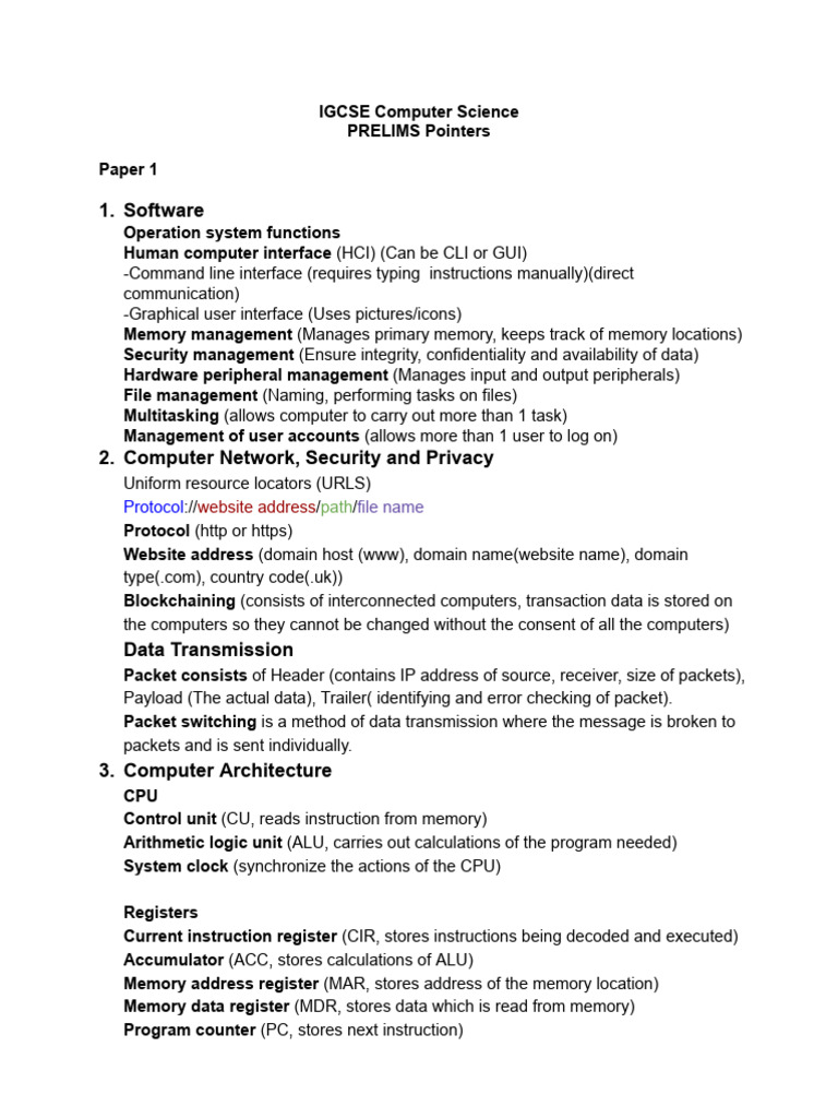 IGCSE Computer Science Pointers 1 | PDF | Central Processing Unit | Network Packet