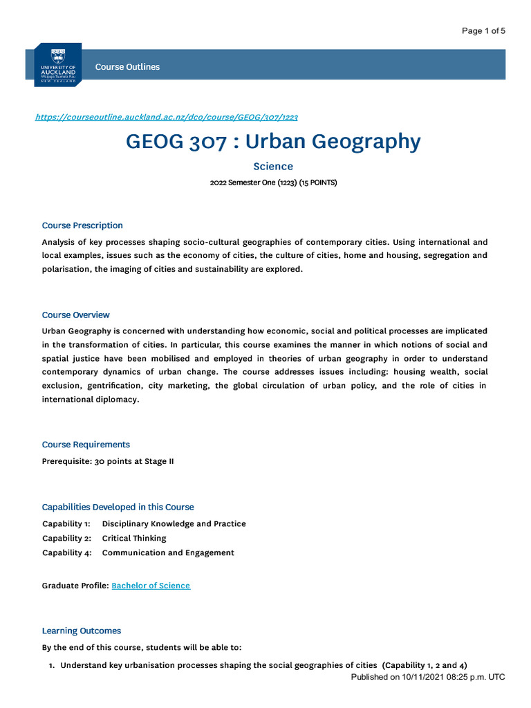 GEOG 307 - 2022 Semester One - Course Outline | PDF | Geography | Lecture