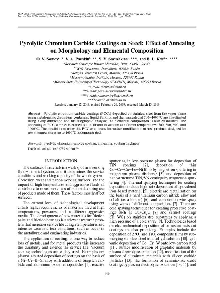 Pyrolytic Chromium Carbide Coatings on Steel Effect of Annealing on morphology and elemental ...
