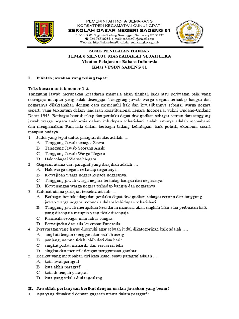 Soal Ulangan Tema 6 BHS Ind | PDF