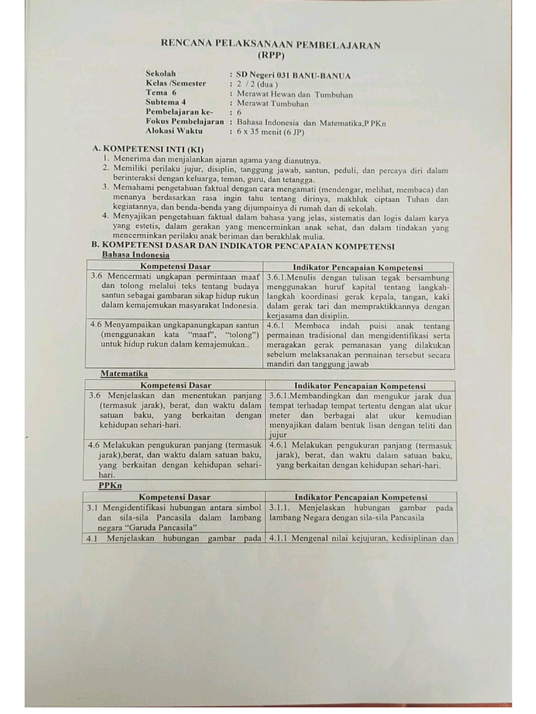 RPP Tema 6 Merawat Hewan Dan Tumbuhan | PDF