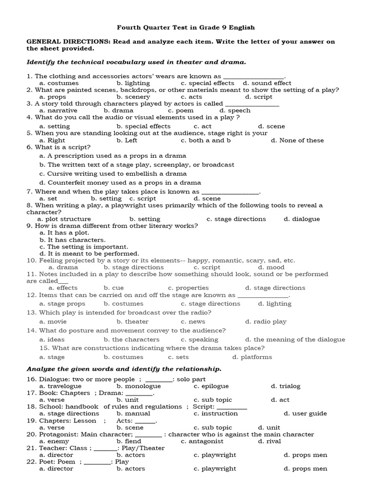Grade 9 English Drama Test Questions | PDF | Play (Theatre) | Theatre