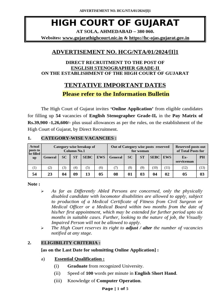 High Court of Gujarat: Advertisement No. HCG/NTA/01/2024/ (I) 1 | PDF ...
