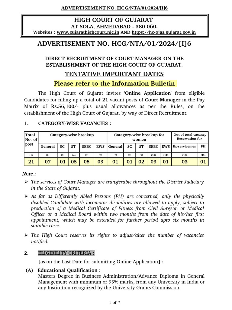 ADVERTISEMENT NO. HCG/NTA/01/2024/ (I) 6: Tentative Important Dates ...