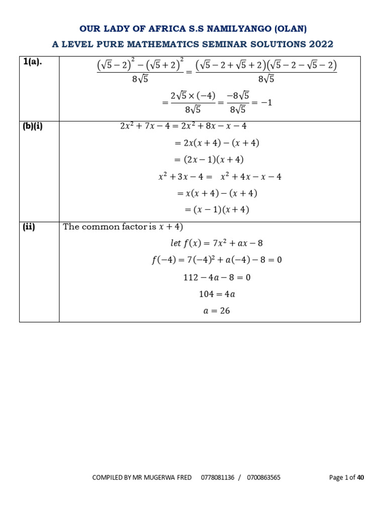 Solutions To Pure Mathematics Seminarfont 14 | PDF | Equations ...