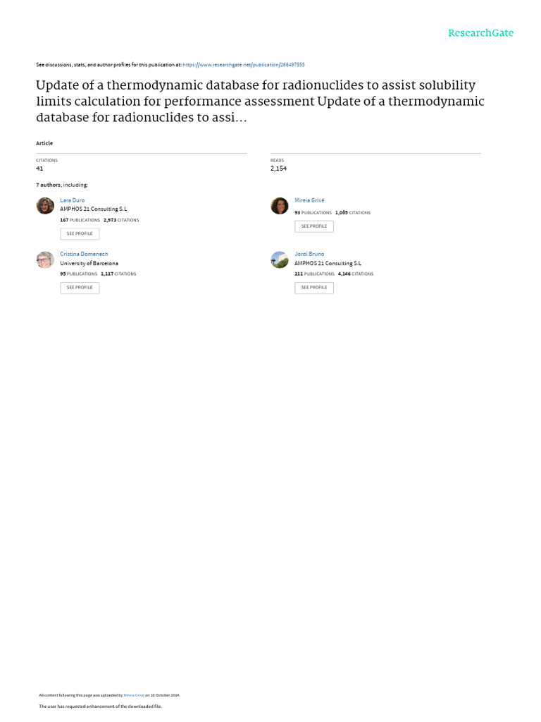 Update of A Thermodynamic Database For Radionuclid | PDF | Hydroxide | Chemical Reactions