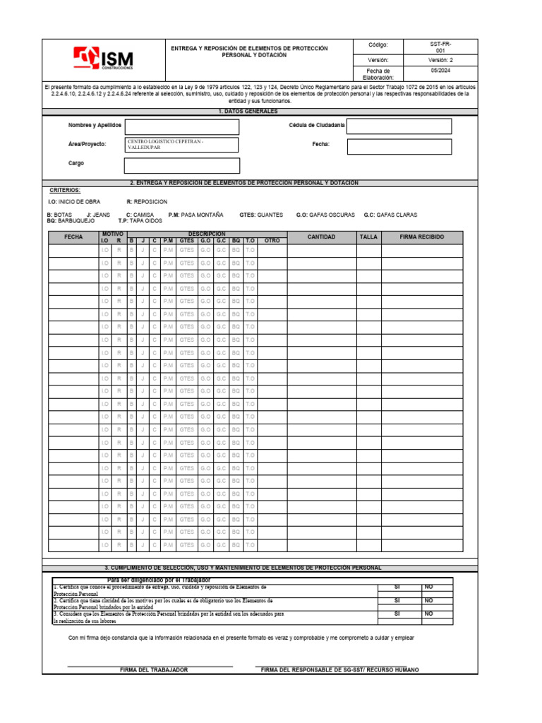 Formato Entrega Dotacion Y Epp Ism 2024 Pdf
