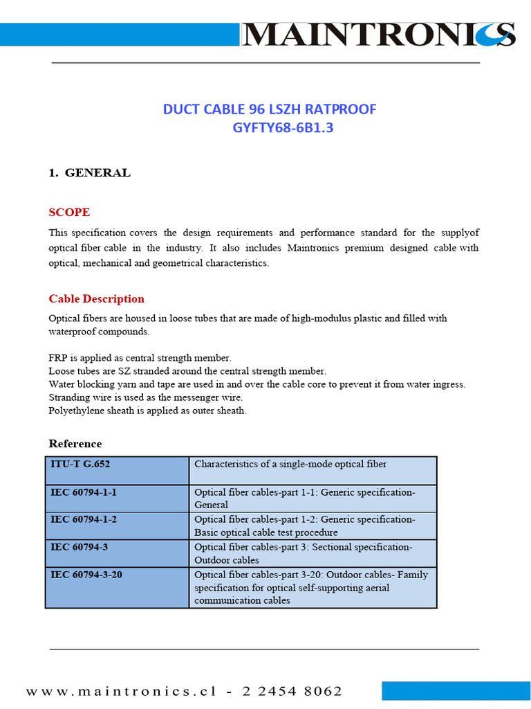 Ficha Tecnica Fibra Ducto SM 96F LSZH Antirroedor CHAQ SIMPLE Maintronics GG | PDF | Optical ...