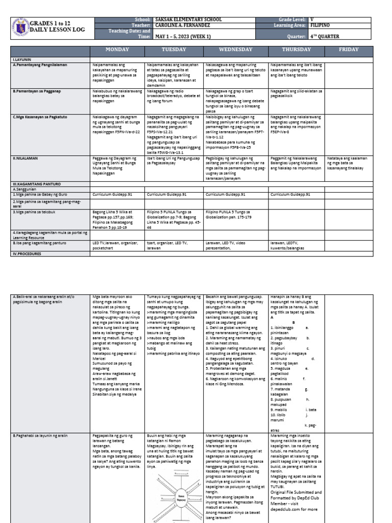 DLL Filipino 5 q4 w1 | PDF