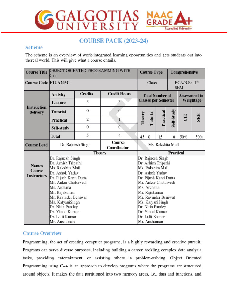 Oops With+c++ Course Pack | PDF | C++ | Class (Computer Programming)