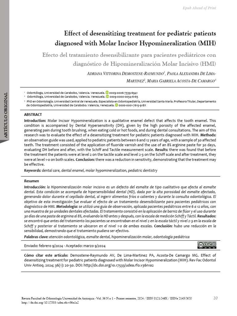 Effect of Desensitizing Treatment For Pediatric Patients Diagnosed With Molar Incisor ...