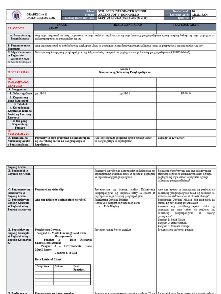 School: Grade Level: Teacher: Learning Area: Teaching Dates and Time ...