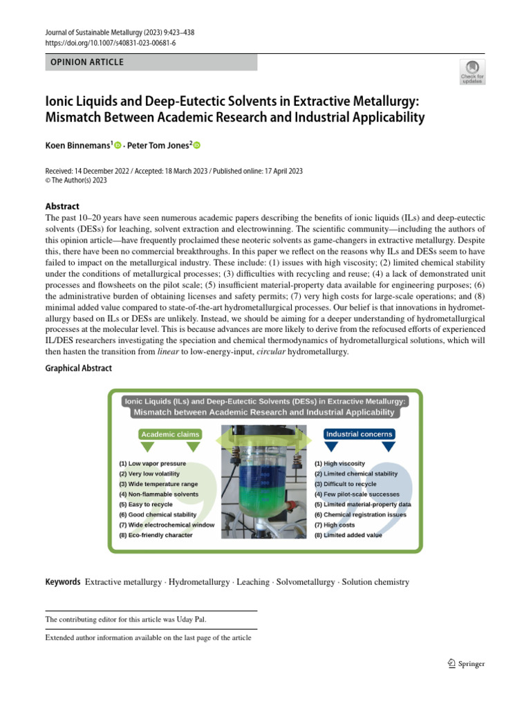2023 Ionic Liquids and Deep Eutectic Solvents in Extractive Metallurgy - Mismatch Between ...