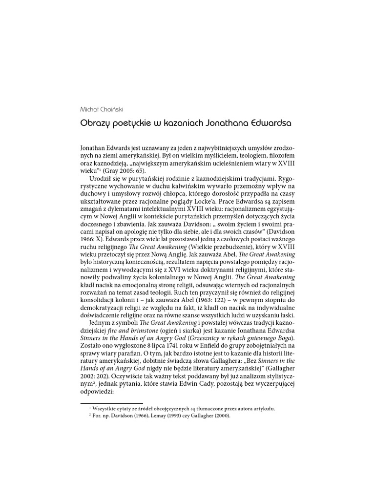 Choinski Obrazy Poetyckie W Kazaniach Jonathana Edwardsa 2010 | PDF