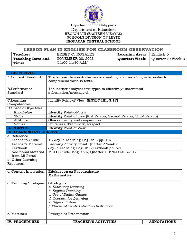 COT 2 English 5 Quarter 2 Week 2023 2024 | PDF | Narration | Water