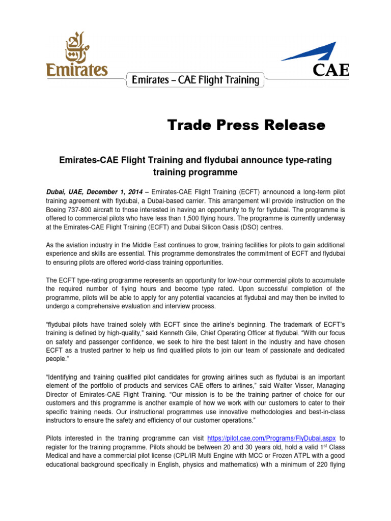 Emirates CAE Flight Training and Flydubai Announce Type Rating Training ...