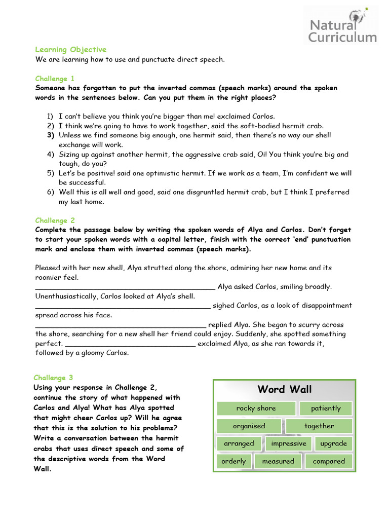 Hermit Crab Direct Speech Worksheet | PDF