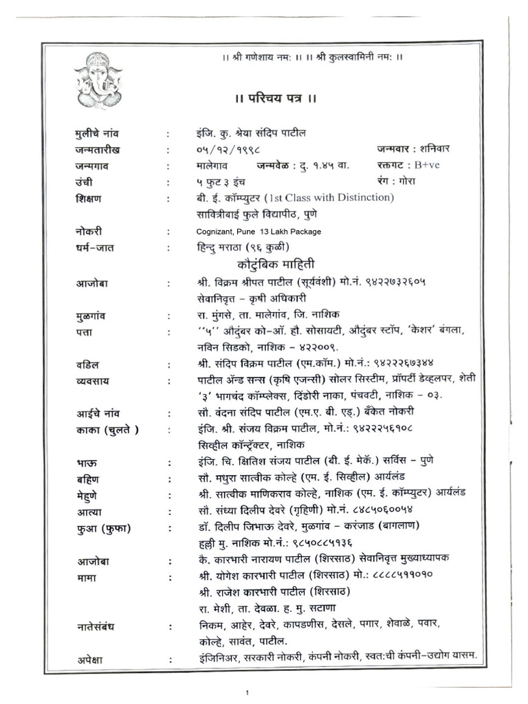 Shreya Patil Biodata | PDF Shreya Patil Biodata | PDF