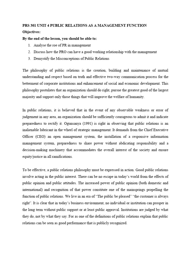 PRS 301 Unit 4 Public Relations As A Management Function | PDF | Public Relations