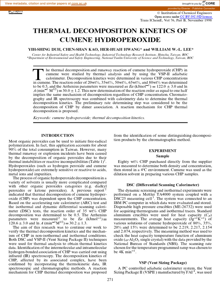 Thermal Decomposition Kinetics of CHP | PDF | Differential Scanning ...