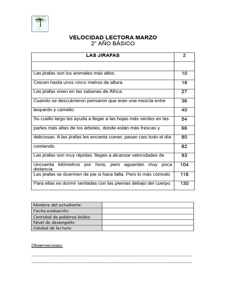 Velocidad Lectora Abril Segundo Básico | PDF