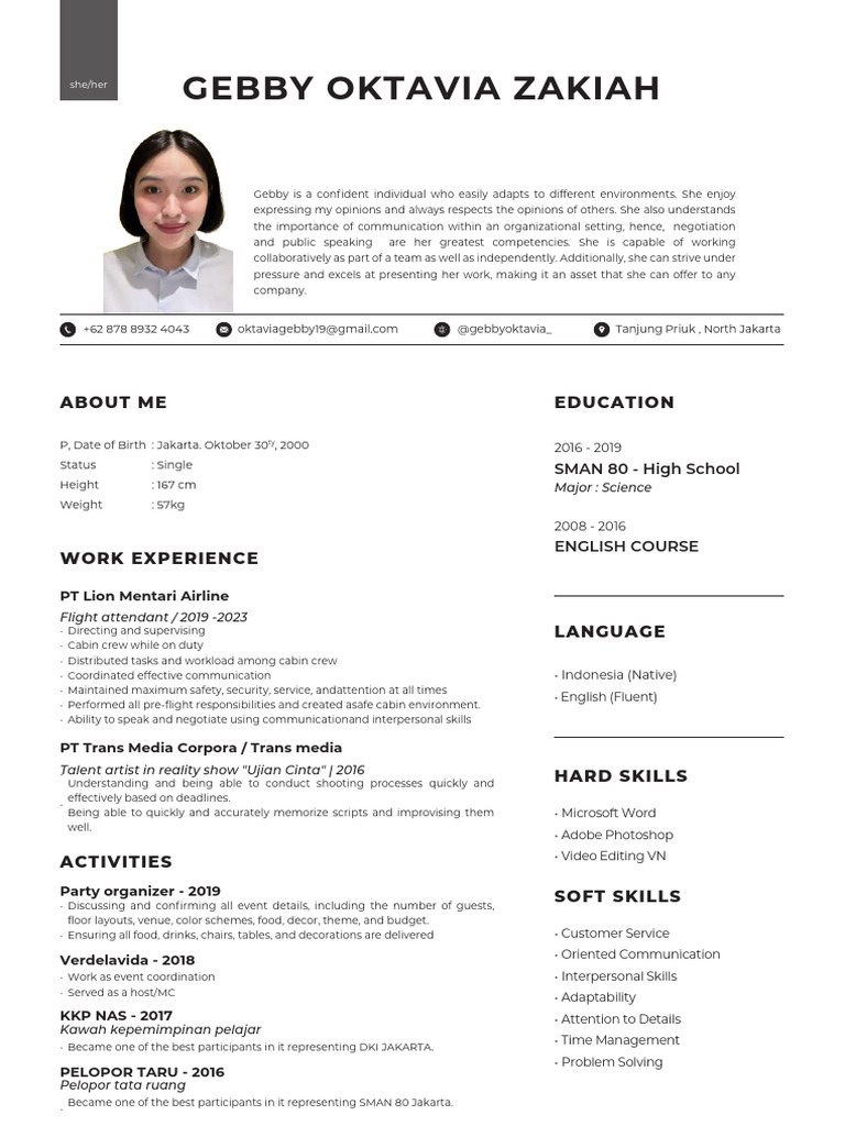 CV - Gebby Oktavia Zakiah | PDF | Flight Attendant | Human Communication