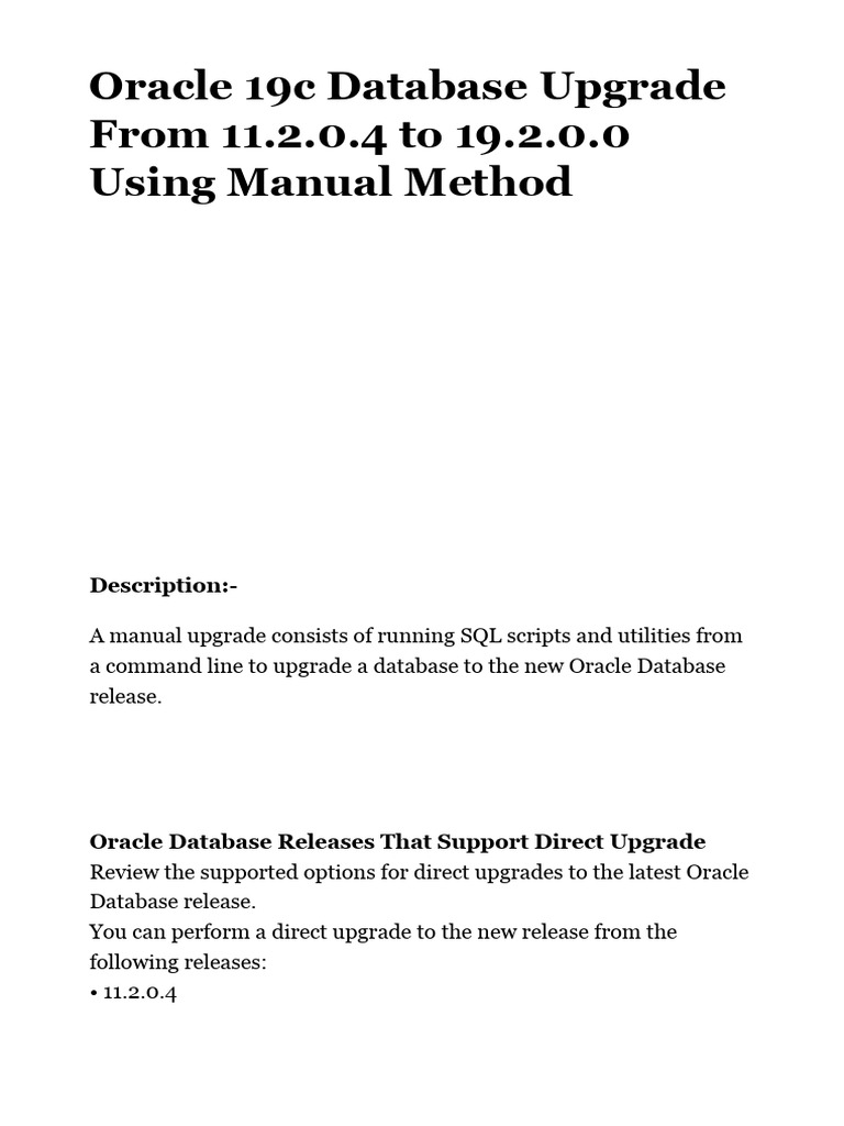 Oracle 19c Database Upgrade From 11.2.0.4 To 19.2.0.0 Using Manual Method Oracledbwr | PDF | Pl ...