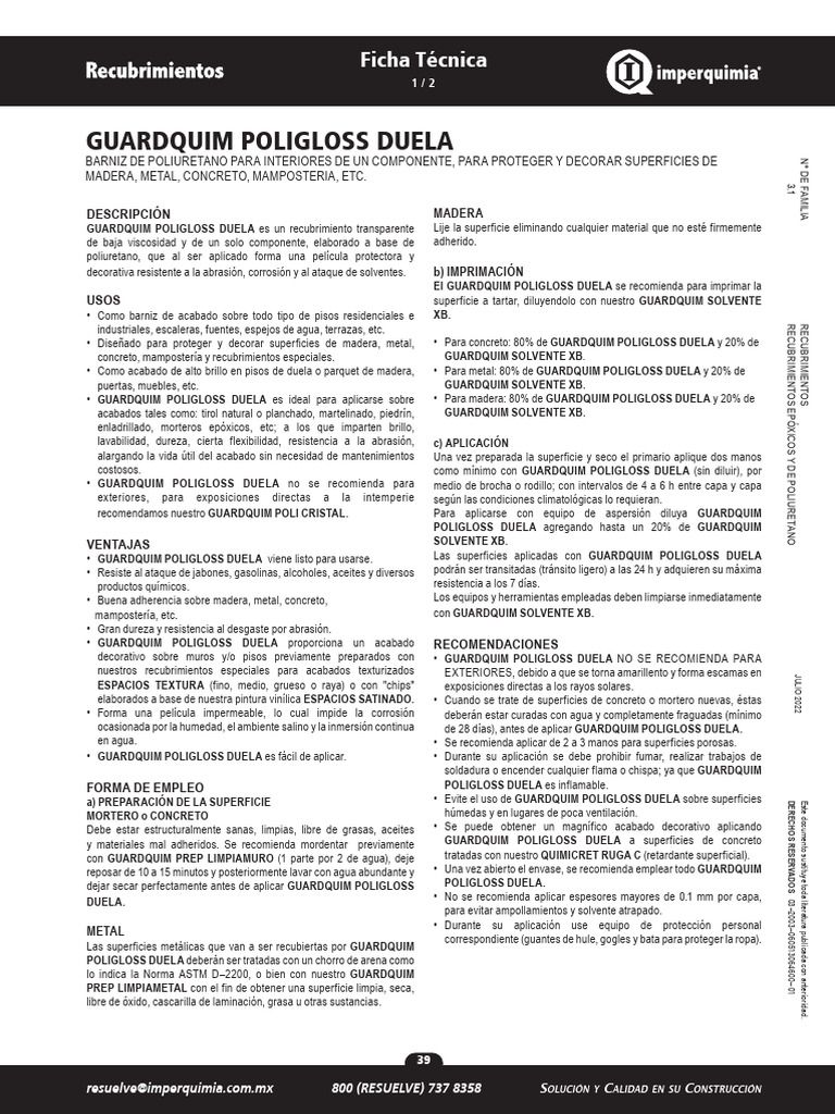 Barniz Poliuretano Guardquim Duela | PDF | Pintar | Hormigón