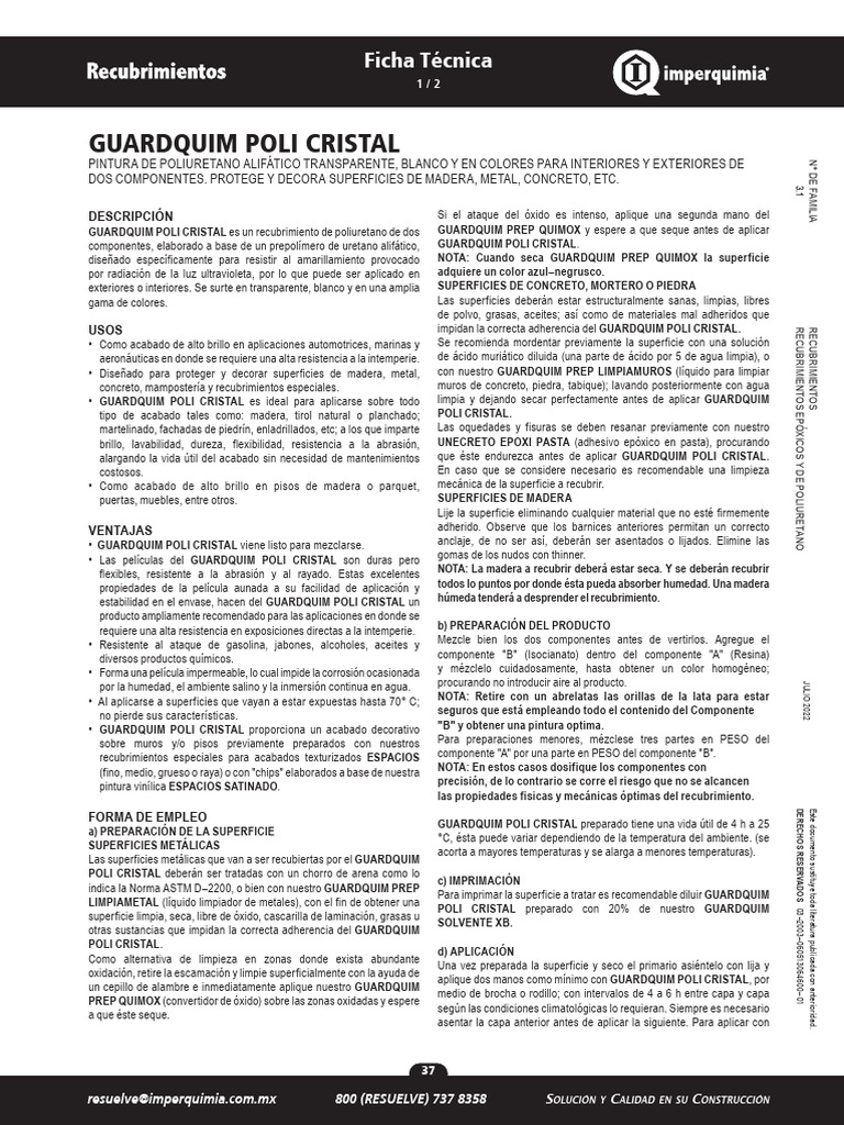FT Guardquim Poli Cristal | PDF | Hormigón | Pintar