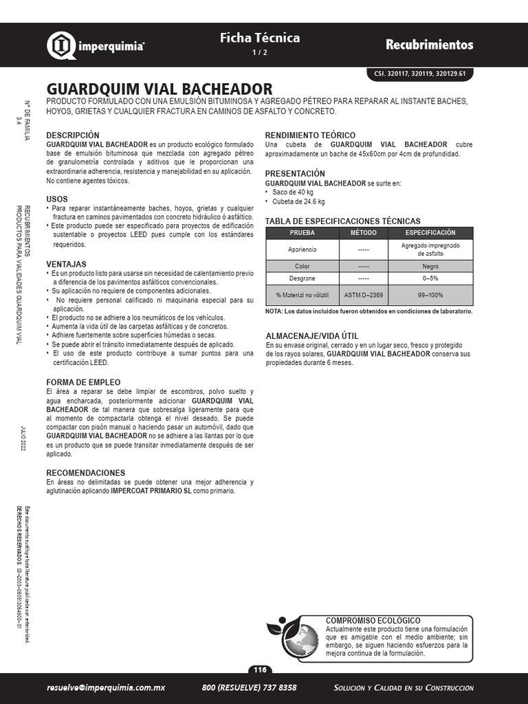 Guardquim Vial Bacheador: Reparación Ecológica | PDF | México | Hormigón