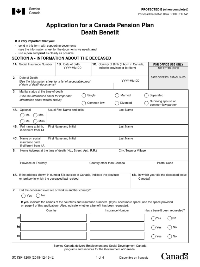 Application For A Canada Pension Plan Death Benefit | PDF | Canada ...