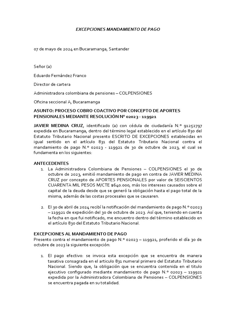 Excepciones Mandamiento de Pago - Civil | PDF | Documento de identidad ...