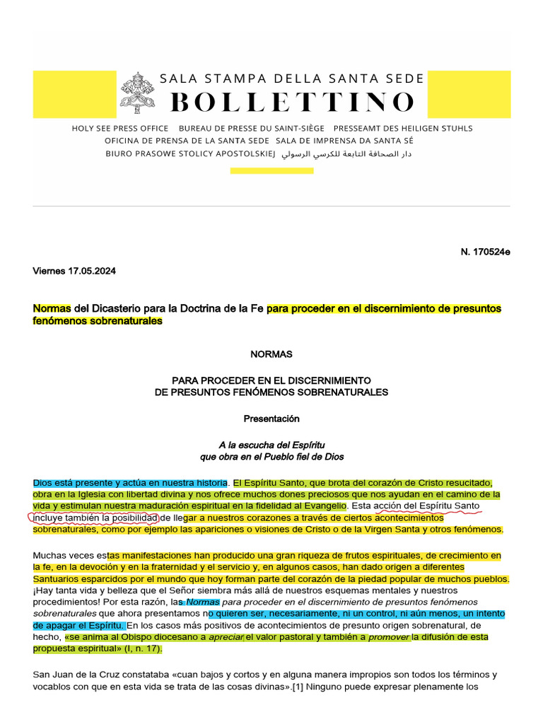 Normas Del Dicasterio para La Doctrina de La Fe para Proceder en El Discernimiento de Presuntos ...